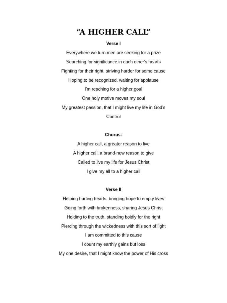 A Higher Call: Lyrics and Meaning | PDF