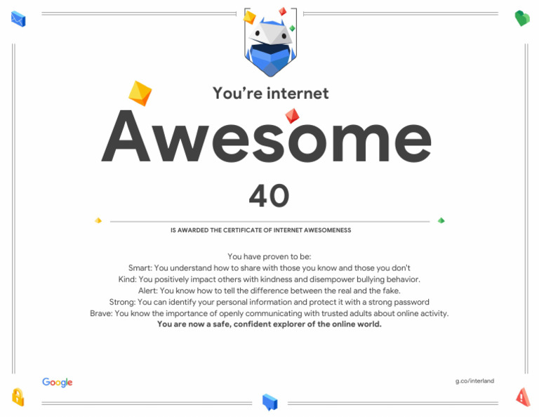 Google Interland 40 Certificate of Awesomeness | PDF