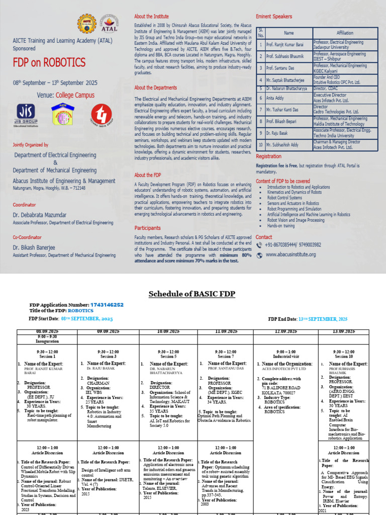 Atal FDP On Robotics 2025 Final Brochure | PDF | Robotics | Engineering