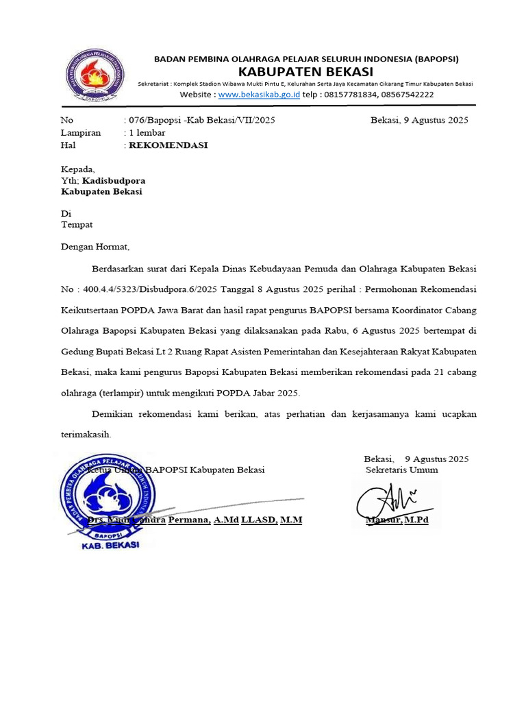 Surat Rekomendasi Bapopsi Bekasi 2025 | PDF