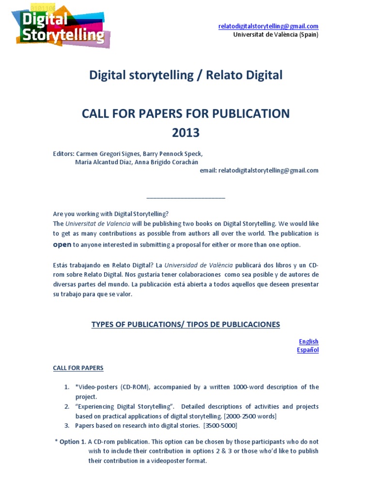 Call Papers Digital Storytelling Publication 2013 | PDF | Bracket | Quotation Mark
