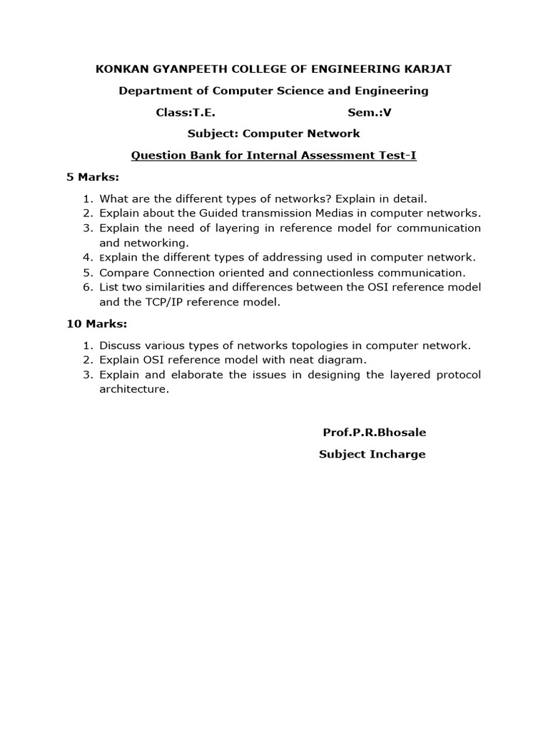 TE CSE Computer Network Question Bank IAT I | PDF