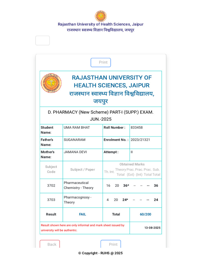 Results - Rajasthan University of Health Sciences, Jaipur | PDF