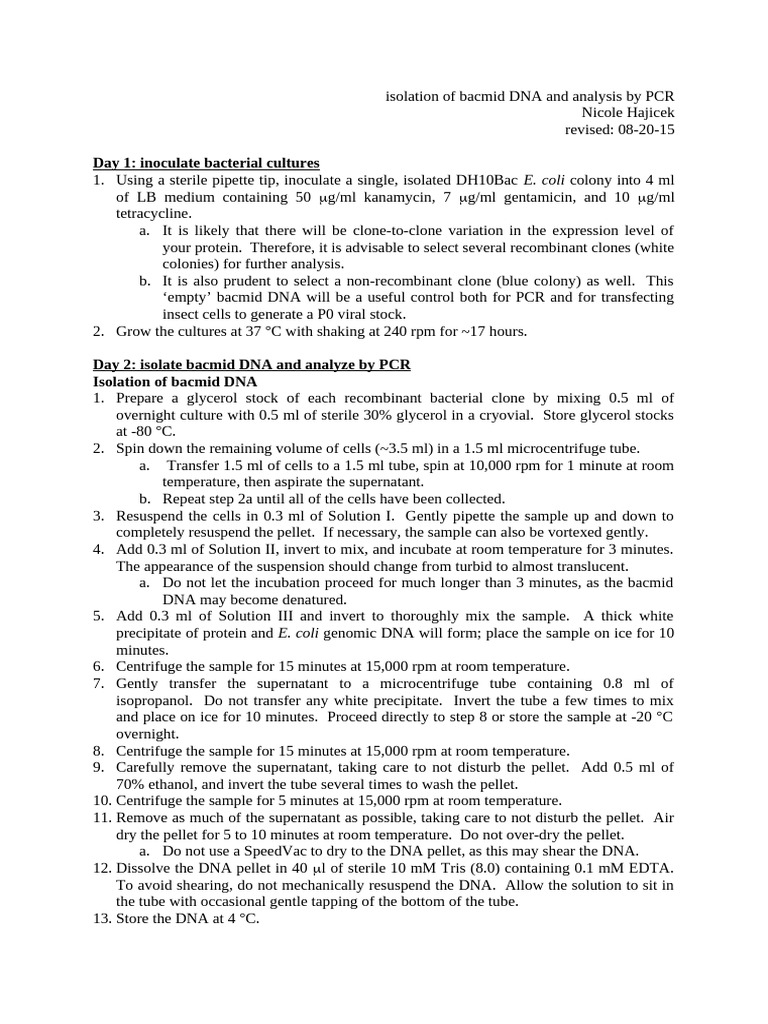 Bacmid DNA Isolation and PCR Analysis | PDF | Polymerase Chain Reaction ...