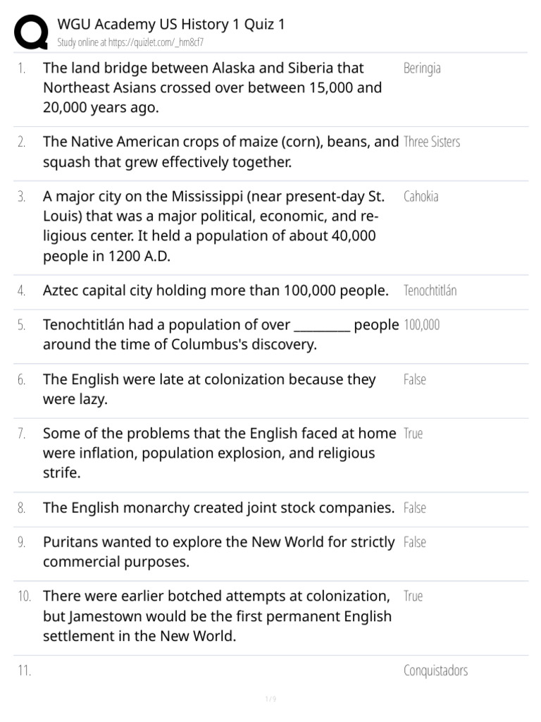 WGU Academy US History 1 Quiz 1 | PDF | Massachusetts Bay Colony ...