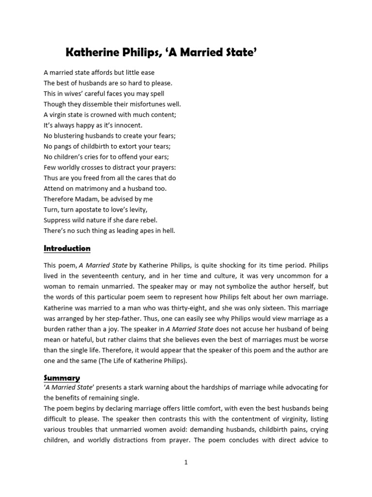 Philips' 'A Married State': A Cautionary Tale | PDF | Poetry | Marriage