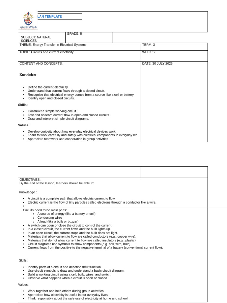 Lesson Plan Template NS 30 JULY | PDF | Electric Current | Electricity