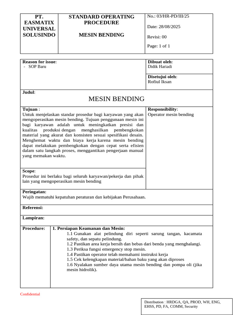 SOP Pengoperasian Mesin Bending | PDF