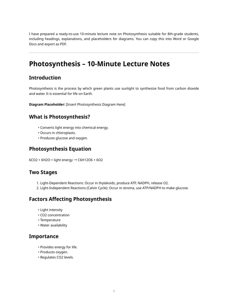 10-Minute Photosynthesis Lecture Notes | PDF