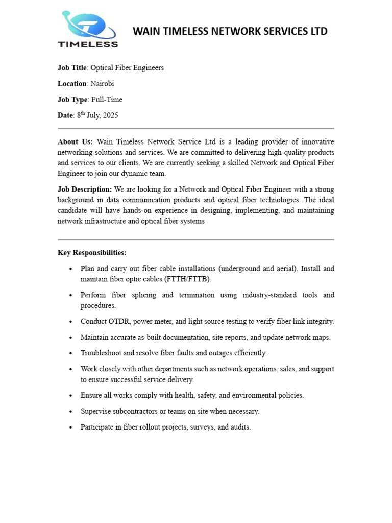 Fibre Engineer Recruitment | PDF | Optical Fiber | Fiber To The X