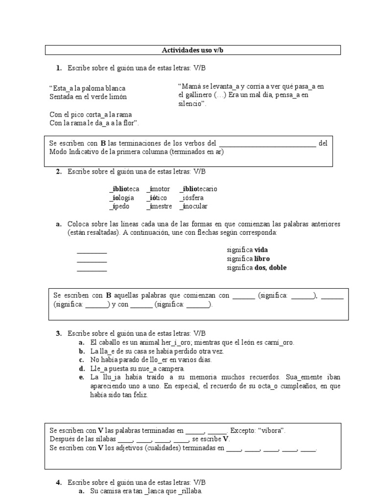 Actividades de ortografía V/B | PDF | Artes del Lenguaje y Comunicación