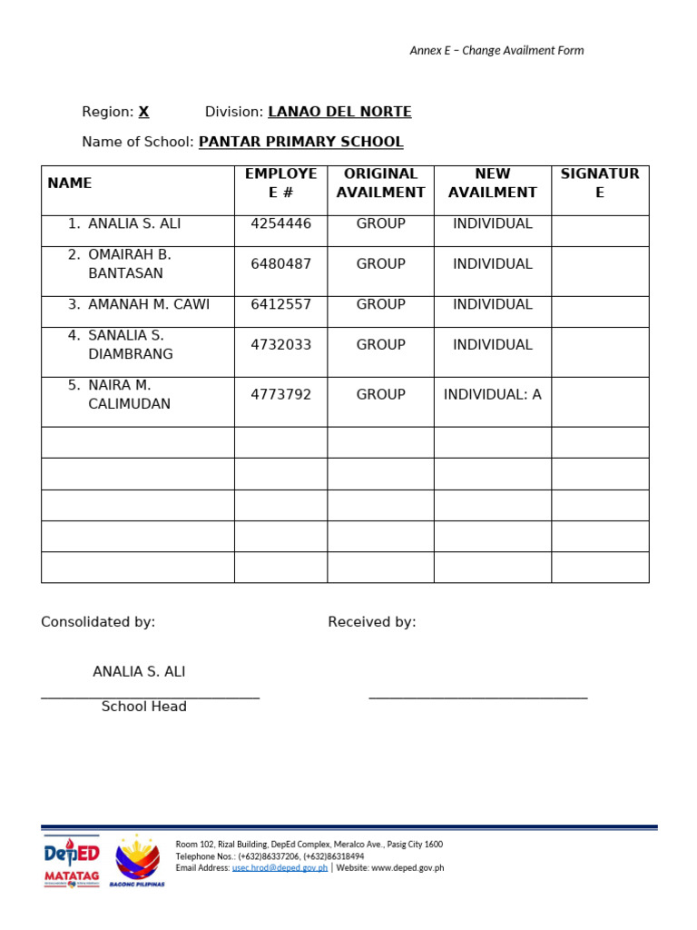 Annex E Change of Availment Form | PDF
