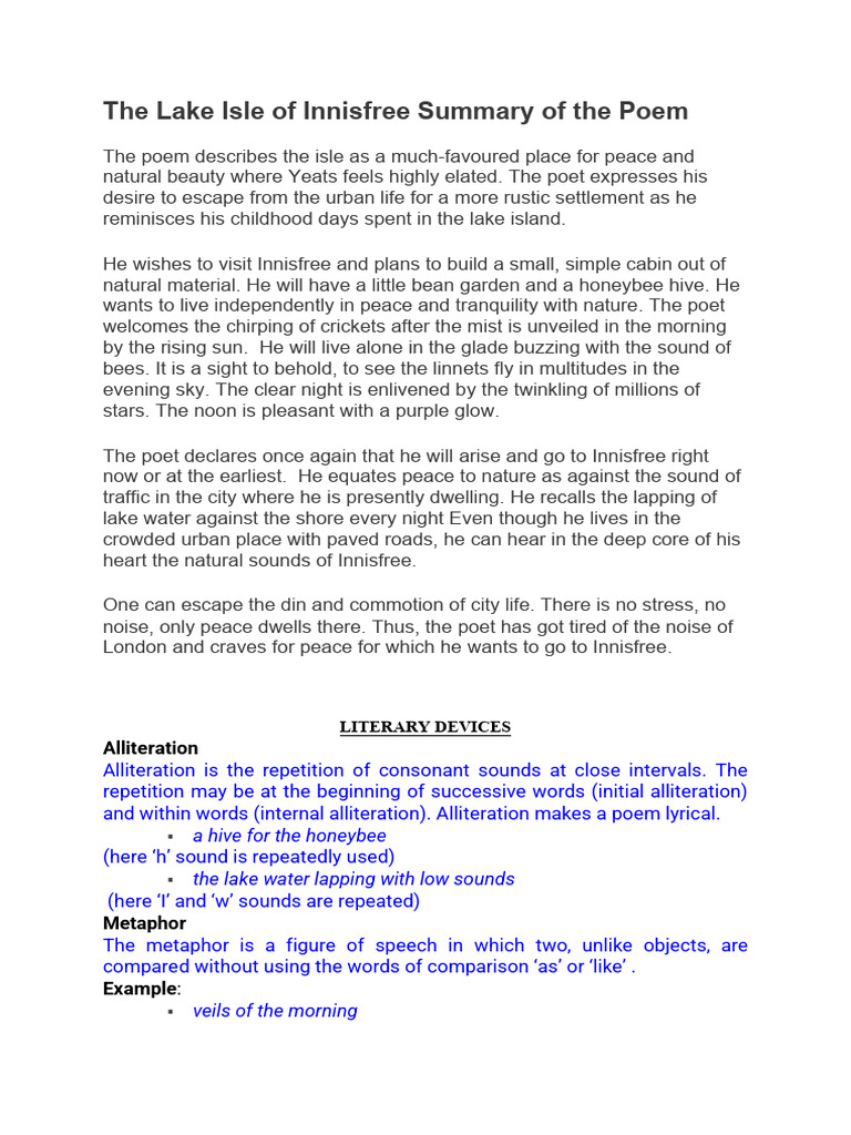 The Lake Isle of Innisfree Summary | PDF | Poetry
