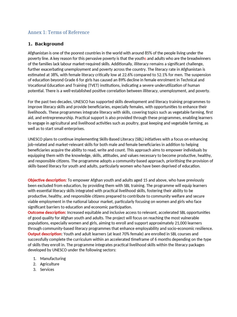 Annex 1 - Terms of Reference | PDF | Literacy | Vocational Education