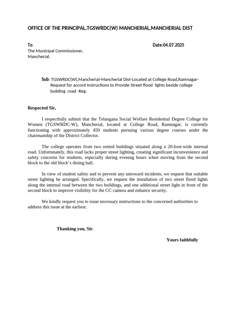 Street Flood Lights Letter To Municipal Commissioner | PDF