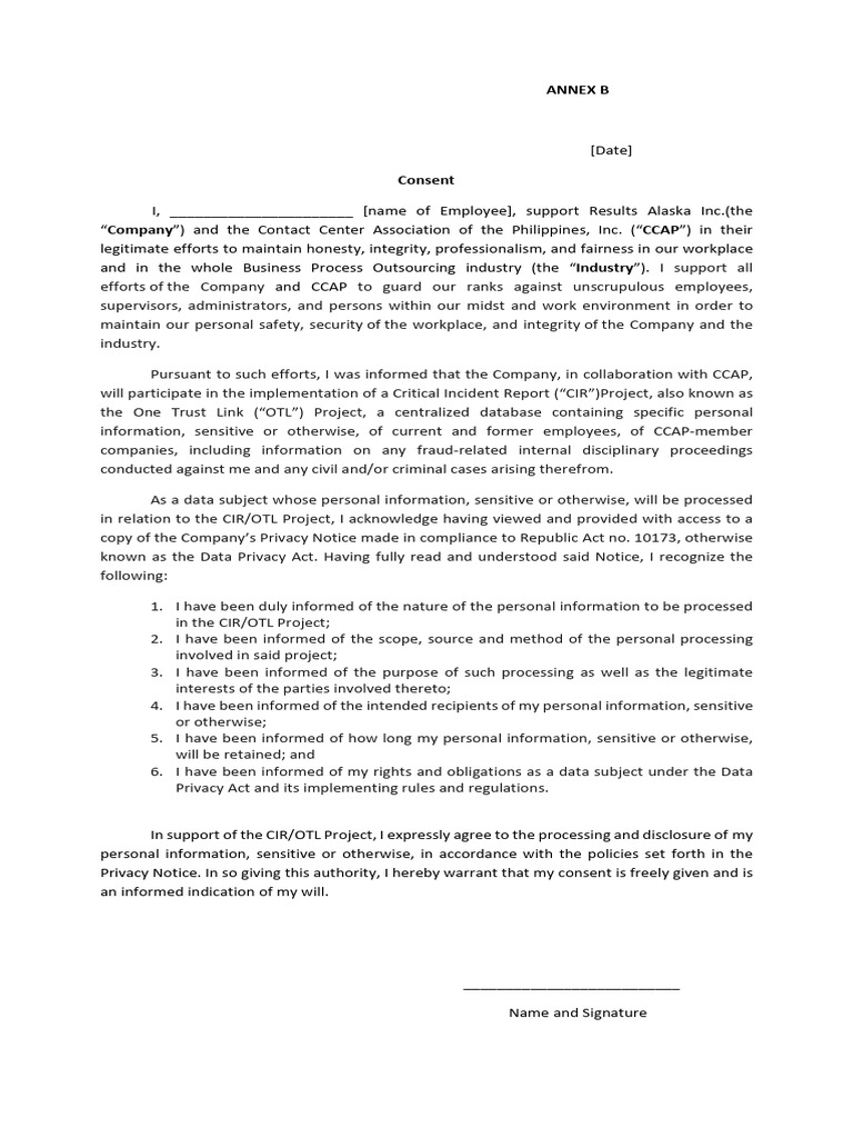 OTL Consent Form for Data Processing | PDF | Privacy | Justice