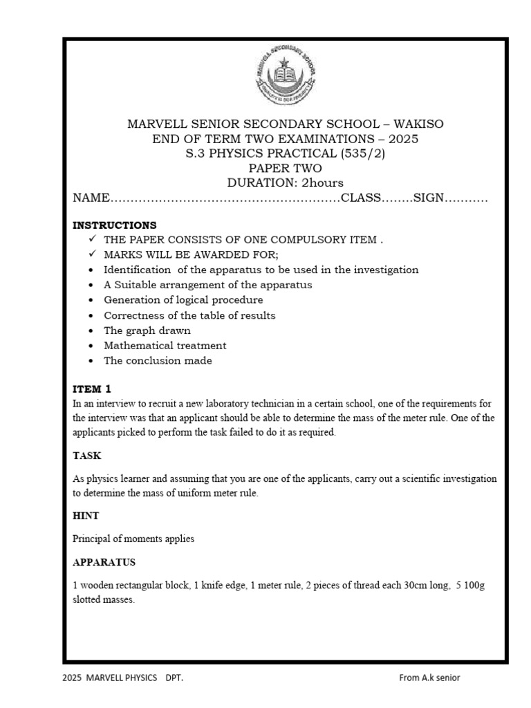s3 Physics Pp2 Practical Eot2 - 25 | PDF