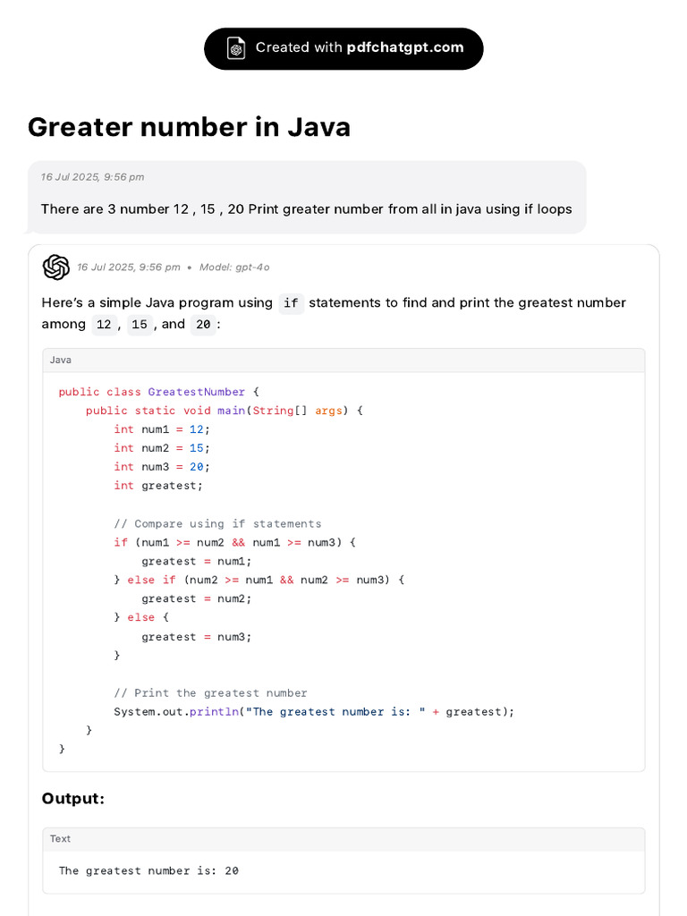 Code To Find Greater Number in Java | PDF