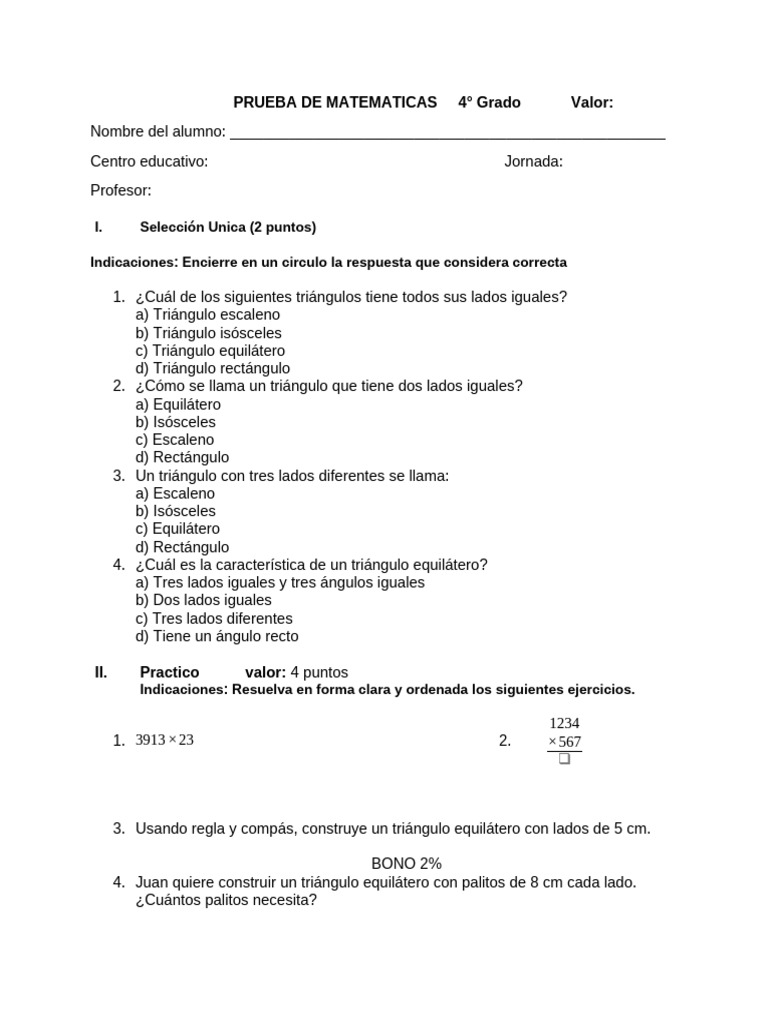 PRUEBA DE MATEMATICAS 4 imprimir | PDF