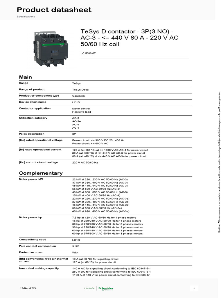 Schneider Electric TeSys-Deca-contactors LC1D80M7 | PDF | International ...