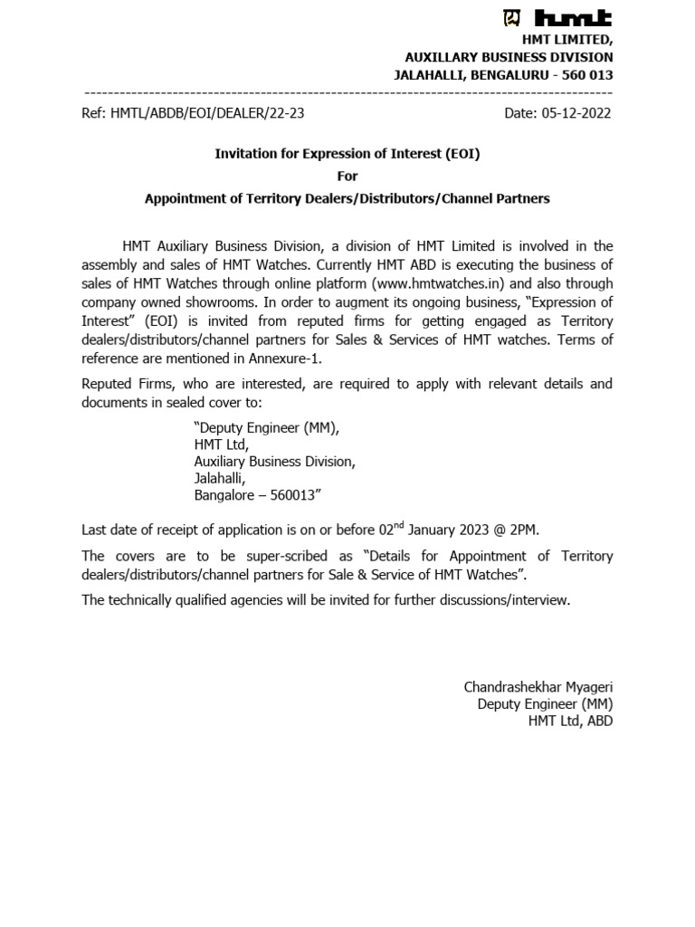 EOI Territory DealersDistributors Channel Partners HMT | PDF