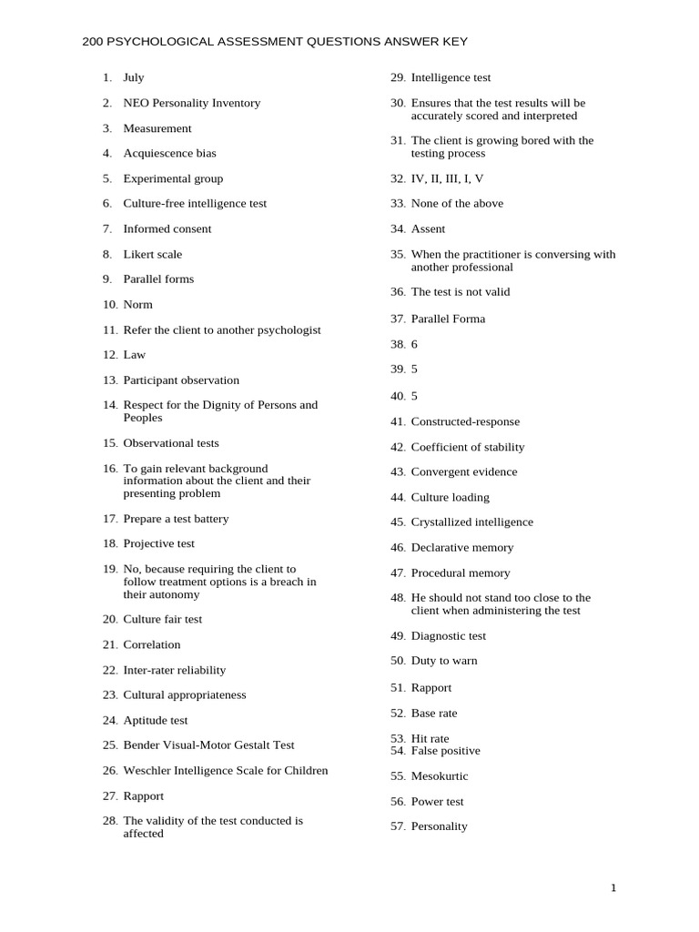 200 Psychological Assessment Questions | PDF | Psychological Evaluation ...