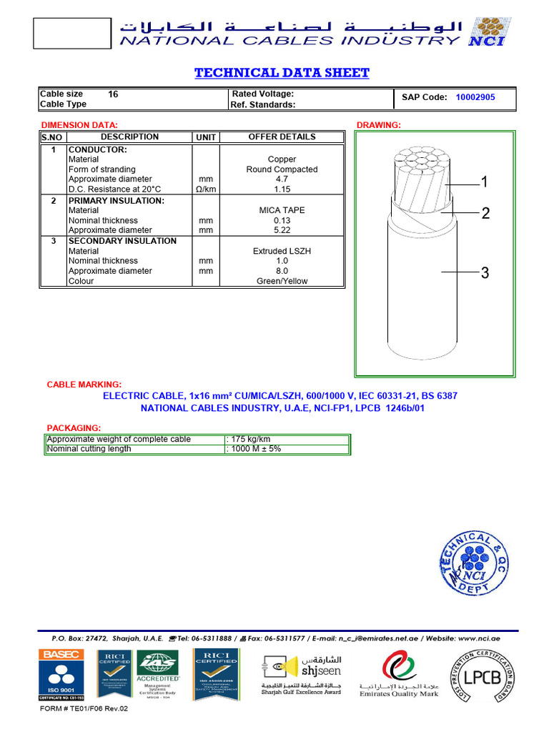 Technical Data Sheet for Electric Cable | PDF