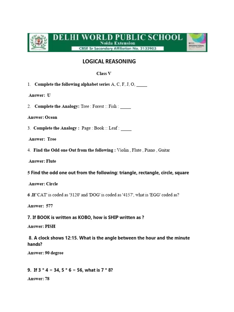 Class 5 Logical Reasoning Questions | PDF