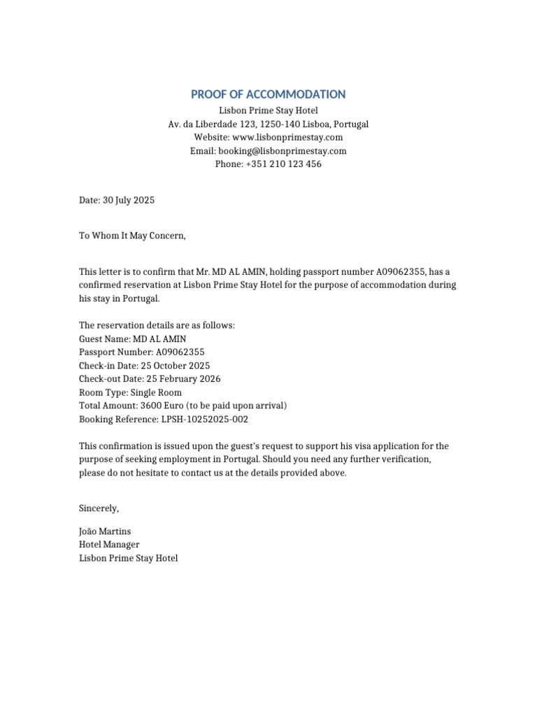 Proof of Accommodation Lisbon Prime Stay Hotel MD AL AMIN | PDF