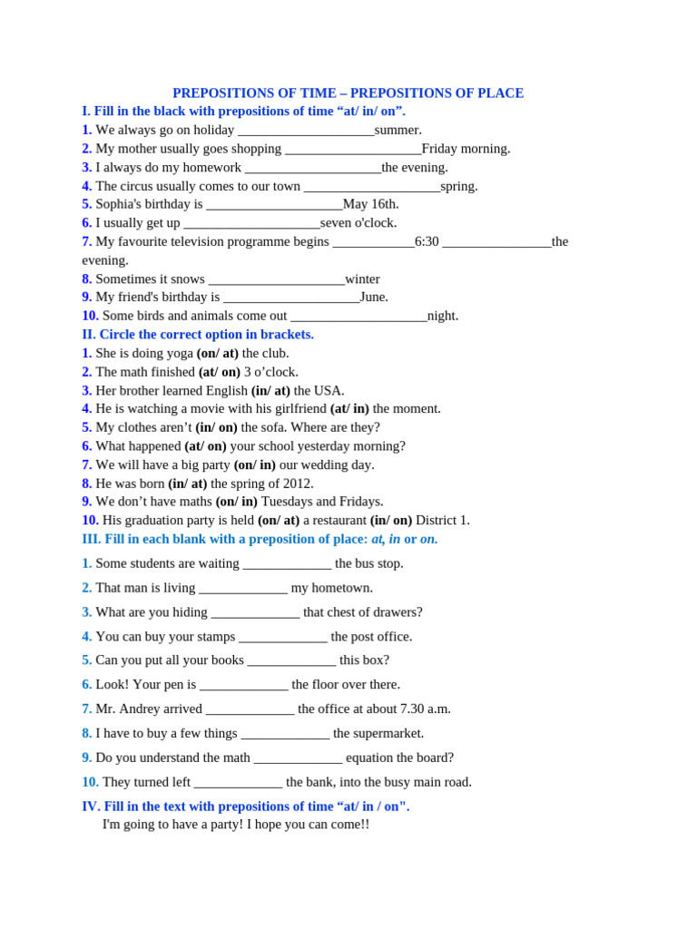 Phiếu 10 Prepositions of Time,Place | PDF