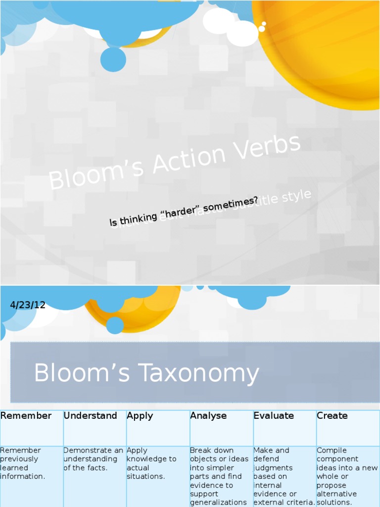 Bloom's Action Verbs: Click To Edit Mas Ter Subt Itle Style | PDF