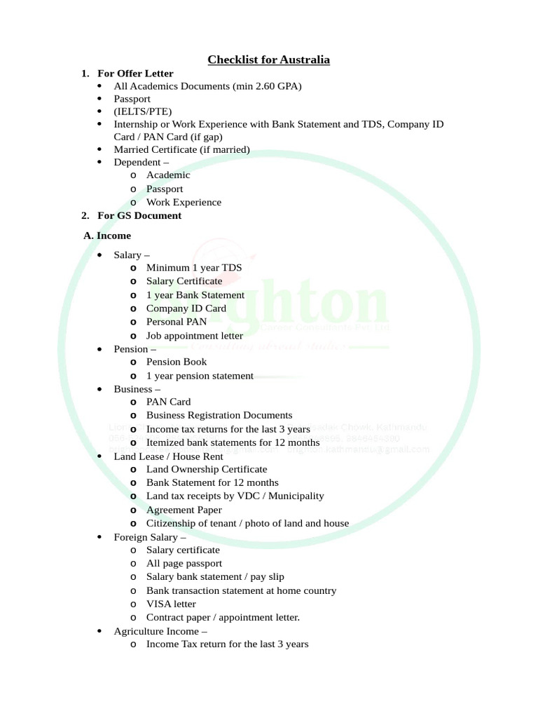 Subclass 500 Visa Document Checklist | PDF | Receipt | Taxes