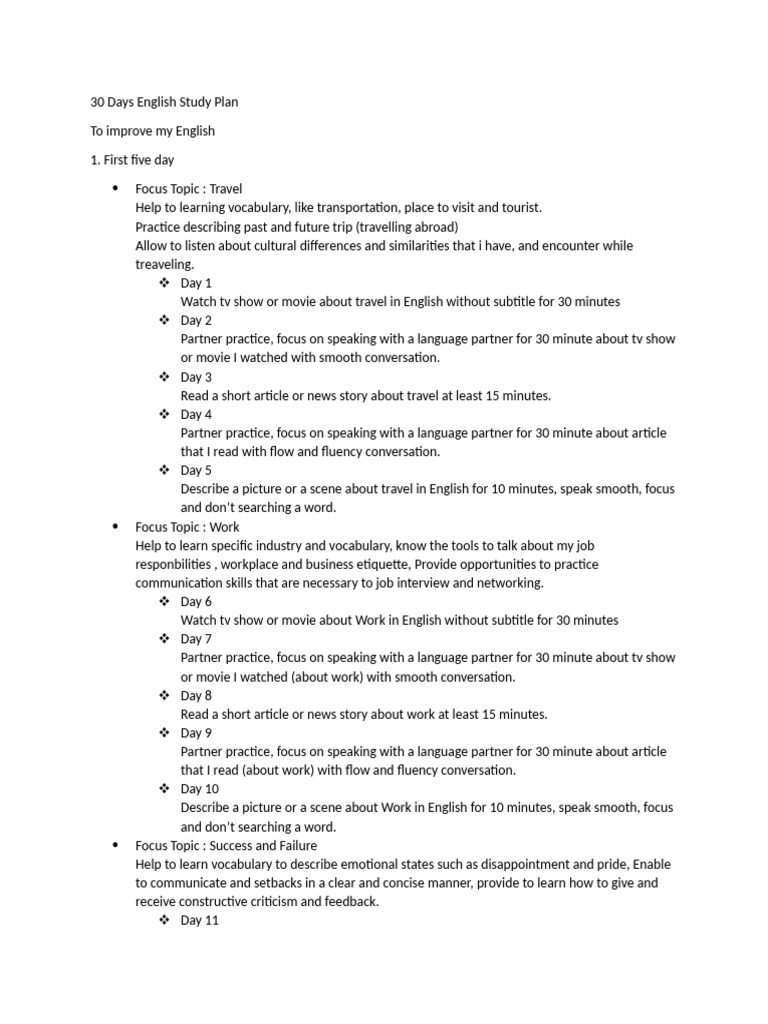 30-Day English Study Plan Guide | PDF | Fluency | Vocabulary