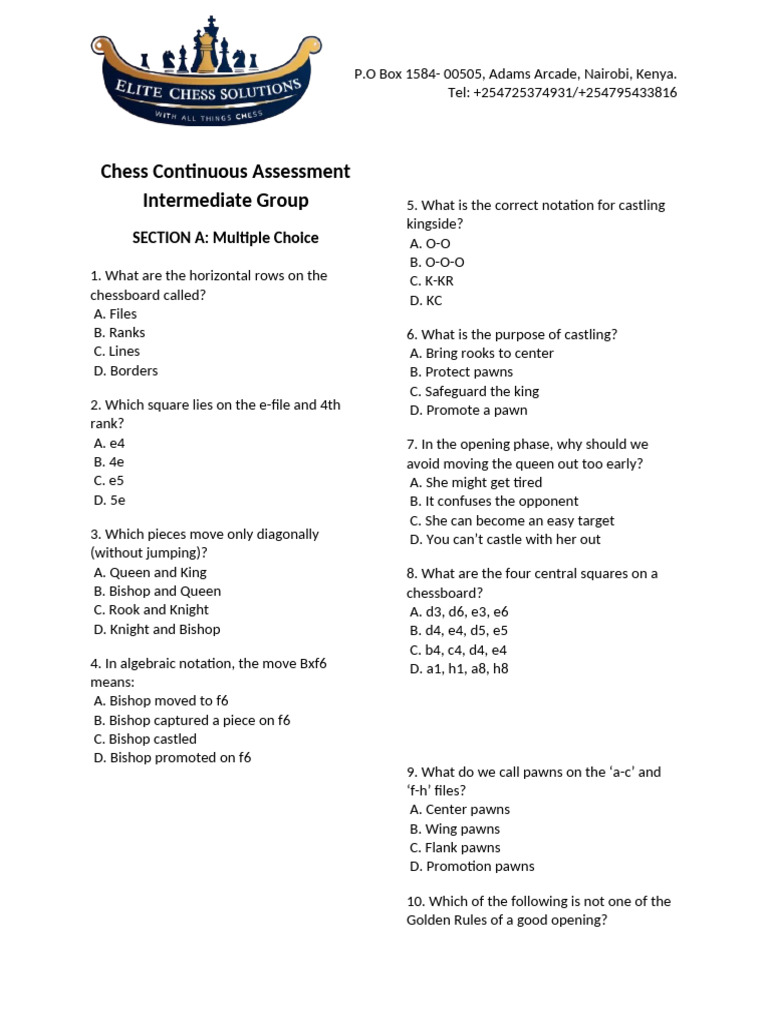 Chess Assessment Intermediate Group | PDF | Chess Openings | Abstract ...