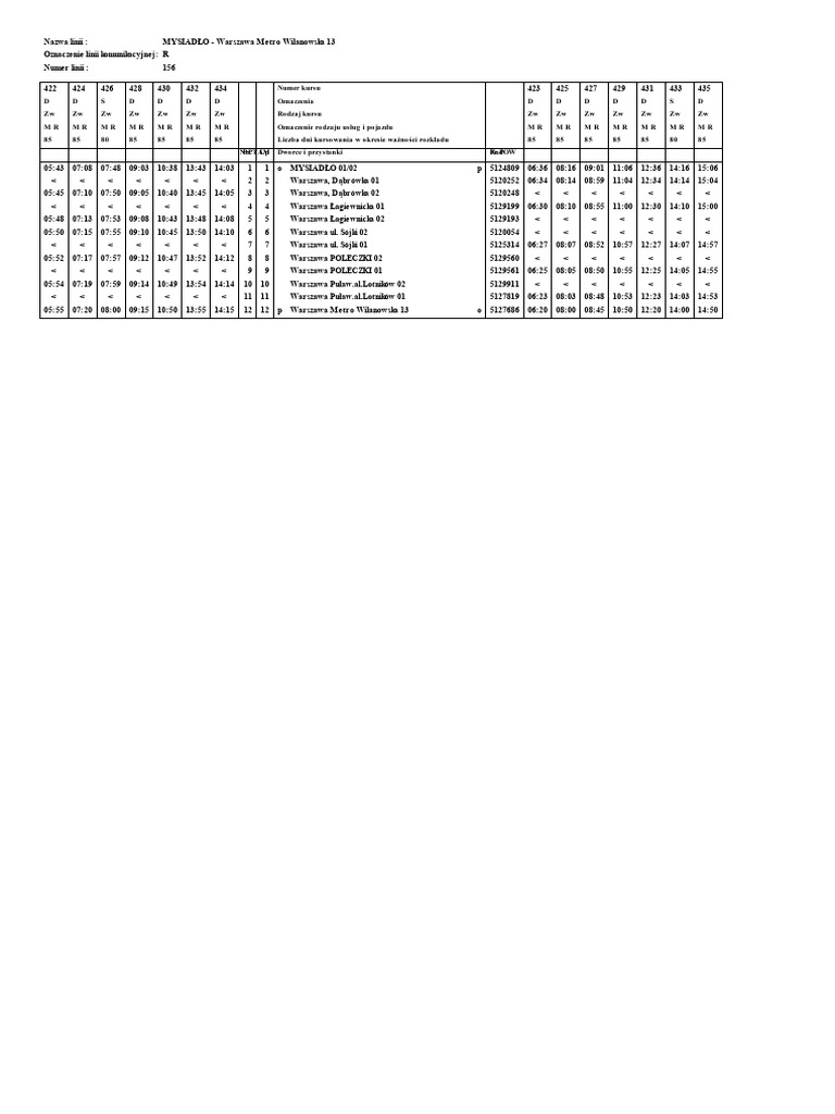 Rozkad Jazdy Linia 156 Mysiado - Metro Wilanowska | PDF