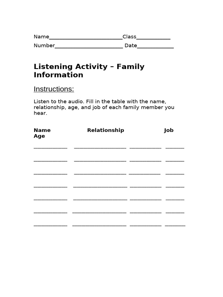 Family Listening Activity Worksheet | PDF