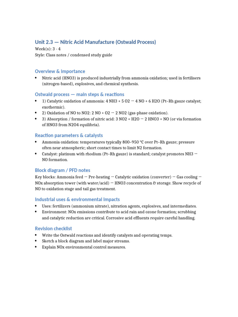 Nitric Acid Production via Ostwald Process | PDF