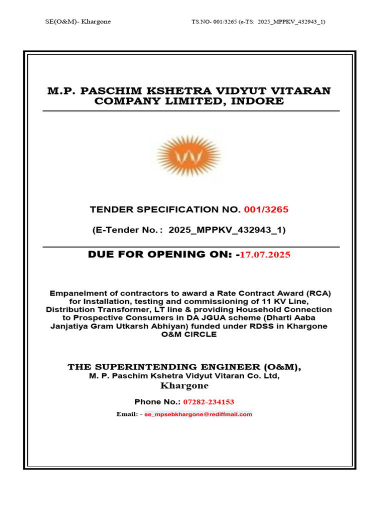 M.P. Paschim Kshetra Vidyut Vitaran Company Limited, Indore: Due For Opening On | PDF | Value ...