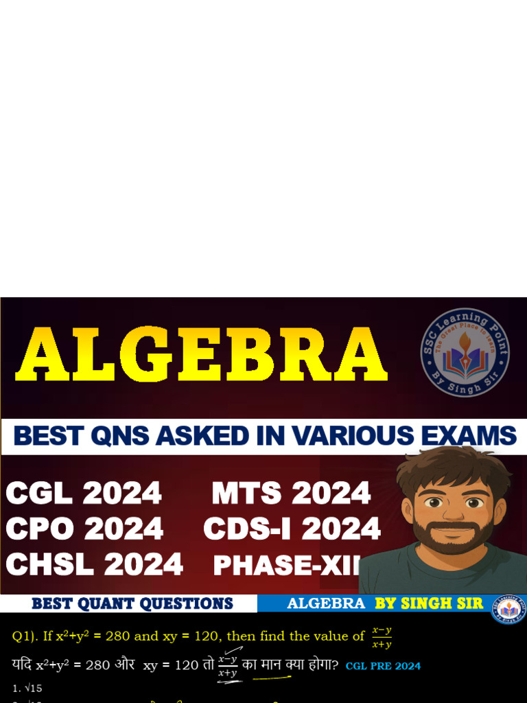 Algebra Best Qns Sol. PDF (Asked by SSC in 2024) | PDF | Equations ...