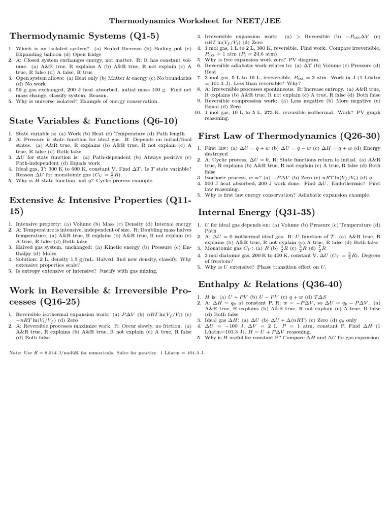 Thermodynamics Worksheet for NEET/JEE | PDF | Gases | Statistical Mechanics