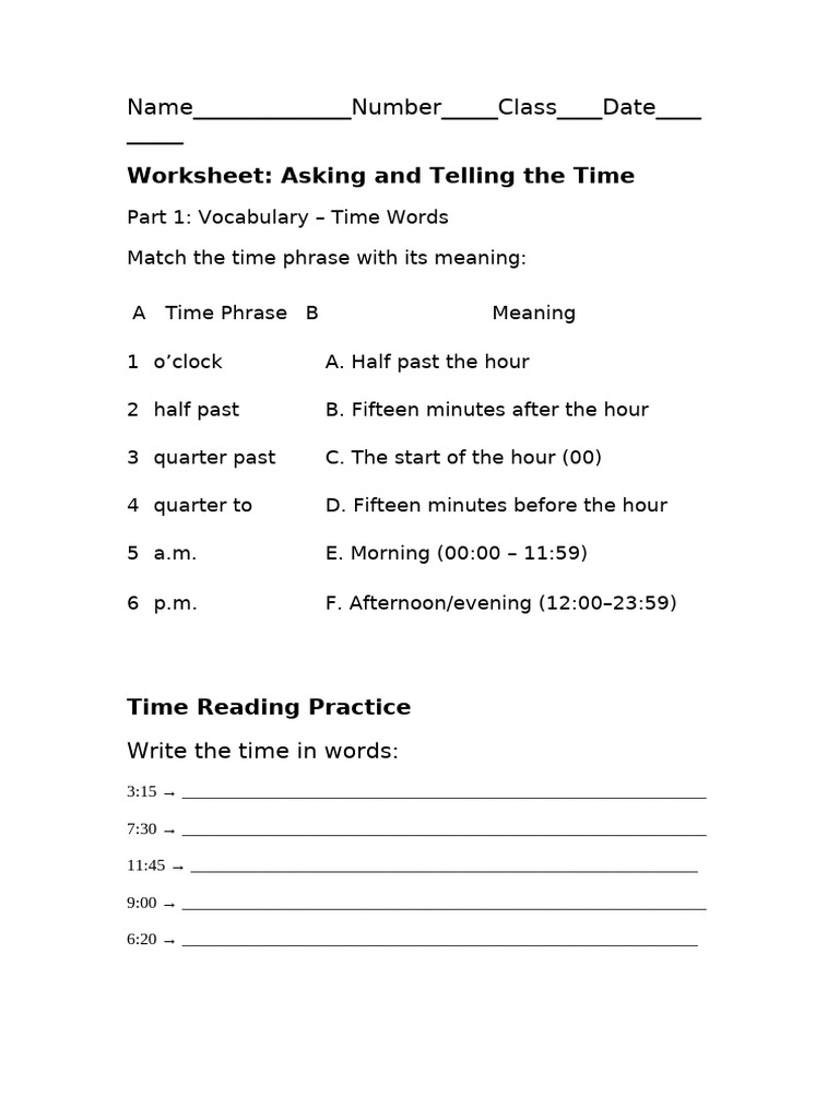 Time-Telling Practice Worksheet | PDF