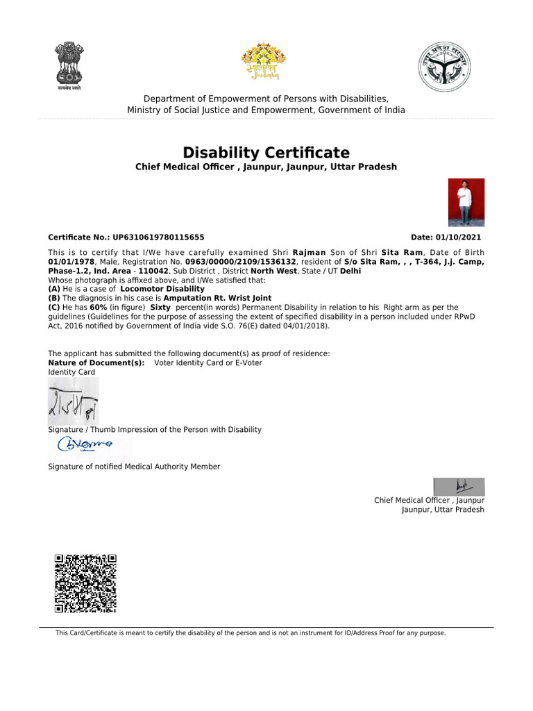 Disability Certificate for Locomotor Disability | PDF