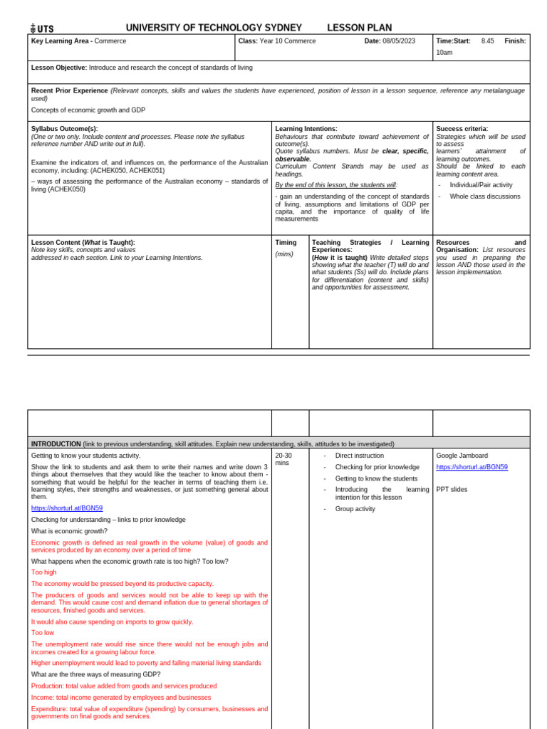 Year 10 Commerce: Standards of Living Lesson | PDF | Economic Growth ...