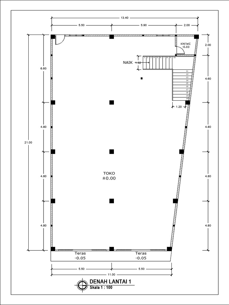 Denah Ruko 3 Lantai Skala 1:100 | PDF