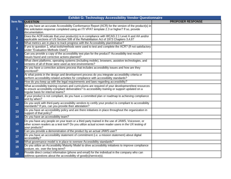 EPMO SaaS RFP Exhibit G Technology Accessibility Vendor Questionnaire ...