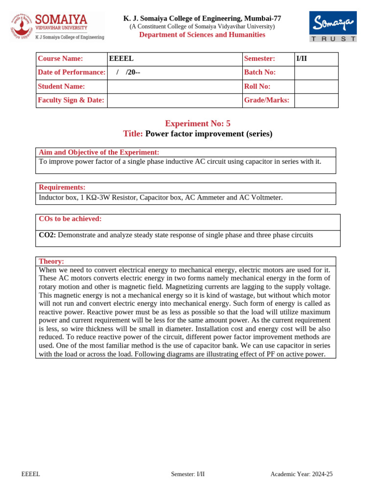Expt 5 PF Improvement Series 24-25 | PDF | Ac Power | Capacitor