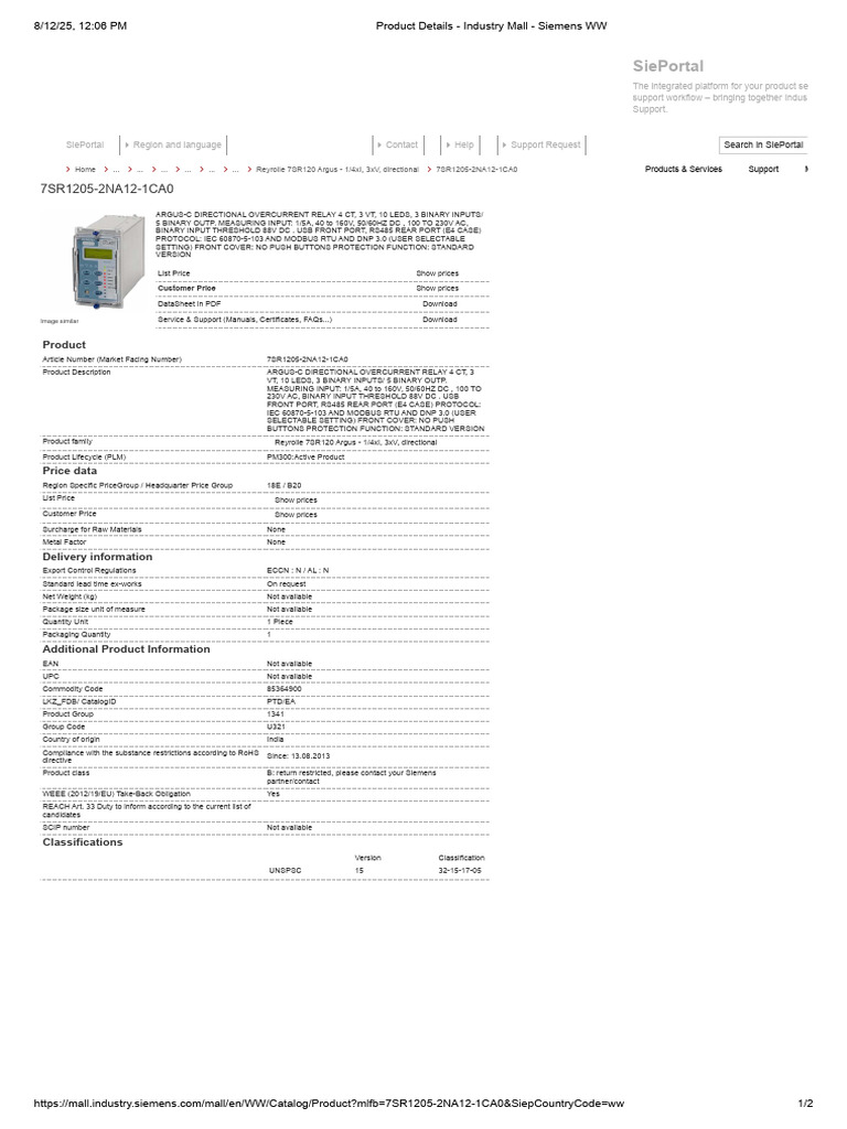 7SR1205 Argus-C Overcurrent Relay | PDF