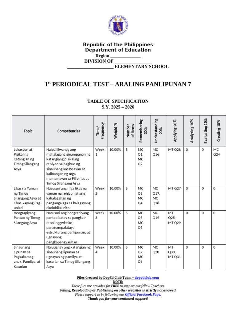 DTC PT AP 7 q1 Matatag Tos Key | PDF