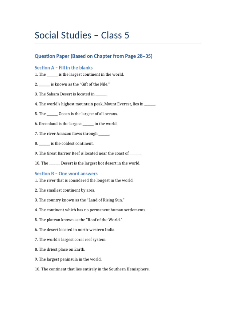 Class 5 Social Studies Question Paper | PDF | Continent | Nile