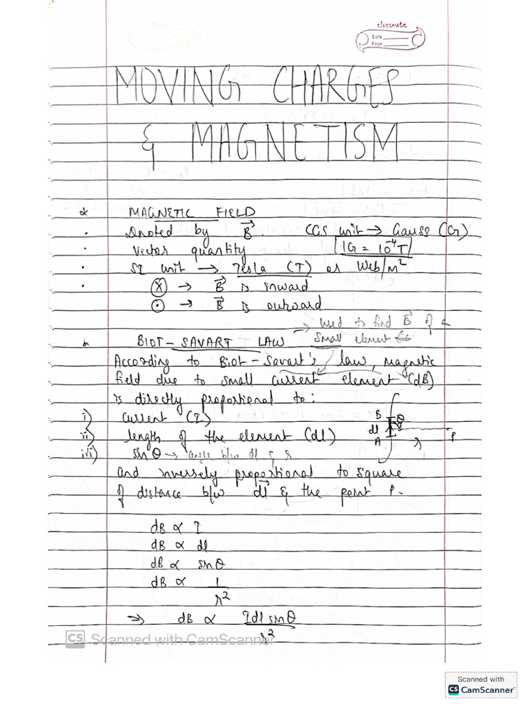 Moving Charges and Magnetism Notes - CH | PDF